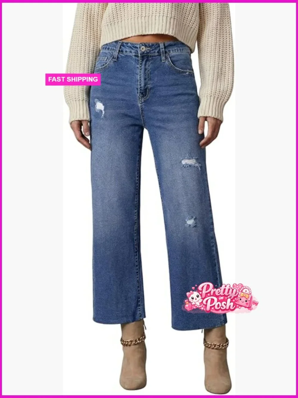 Jeans | High Waist Baggy Jeans Wide Leg 8 Points Length Stretch Denim ...